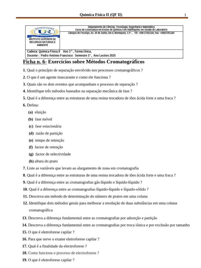 Ficha n. 6- Exercícios sobre Metodos Cromatograficos | PDF | Cromatografia Líquida de alta ...