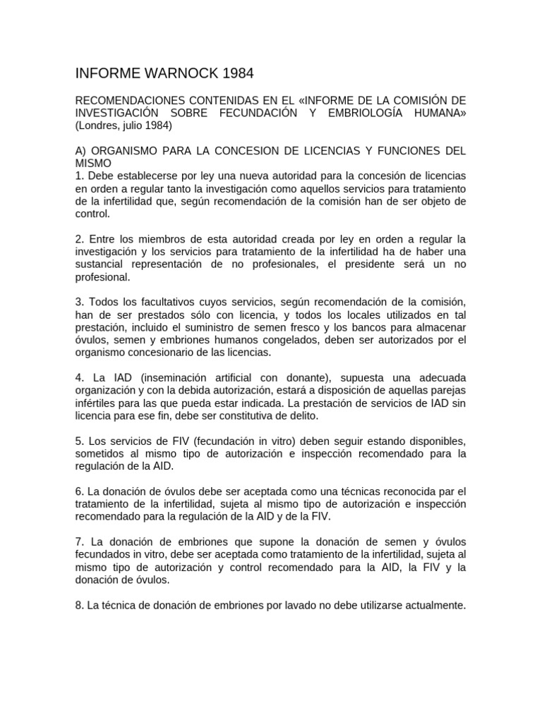 Informe Warnock 1984 | PDF | Fertilización en vitro | Esterilidad