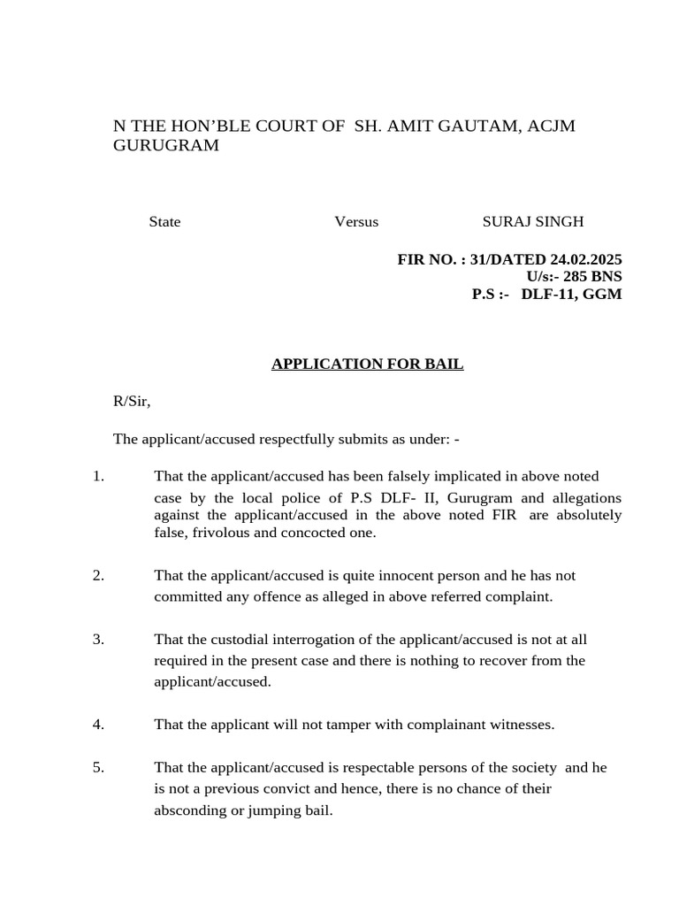 Sura J Singh Bail Application Bailable Offence | PDF | Bail | Criminal ...