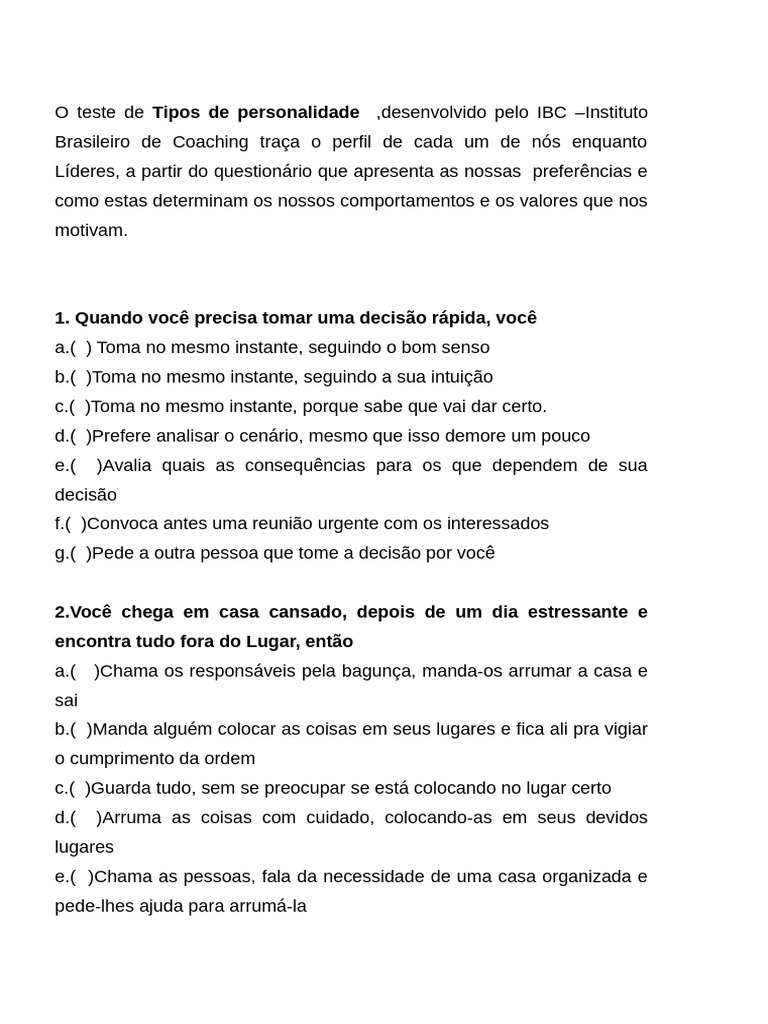 Teste de Tipos de Personalidade para Líderes | PDF | Tipo de ...