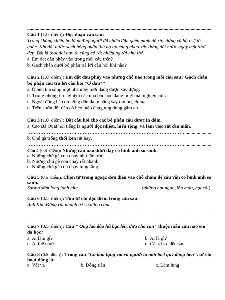 ĐỀ TỔNG HỢP LTVC LỚP 3 | PDF