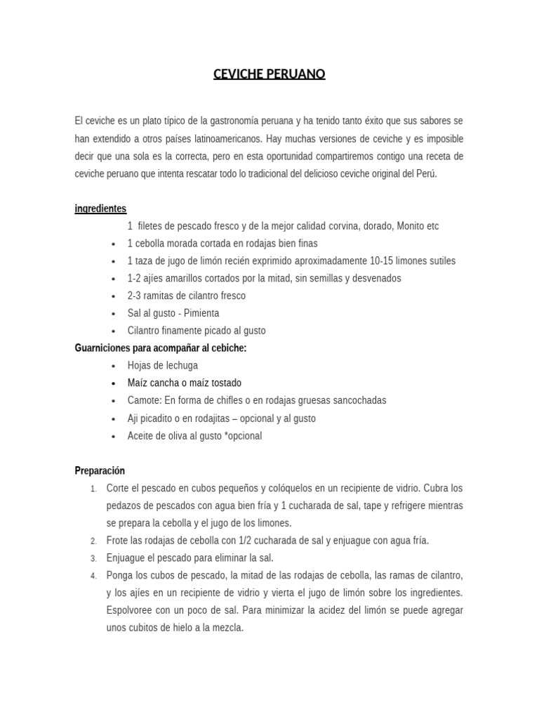 Receta Tradicional de Ceviche Peruano | PDF | Alimentos | Cocina occidental