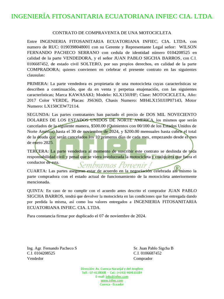 Contrato de Compra Venta Moto | PDF