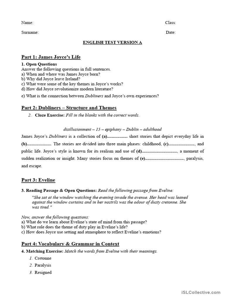English Written Test For High School Sts On James Joyce Life and Works ...