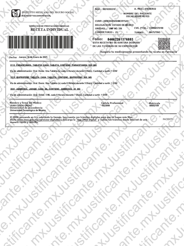 Receta - Prueba - 38210393310 - 1737037954977 Comprimido | PDF | Tratamientos médicos | Drogas