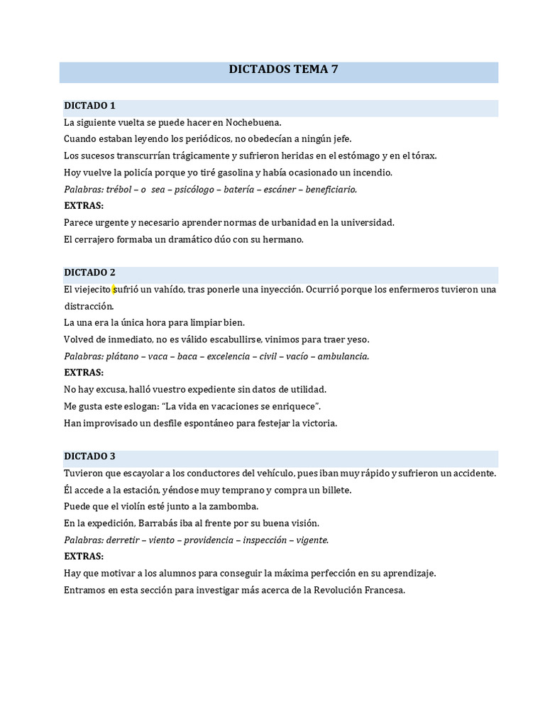 Dictados Nivel 7: Ejercicios y Palabras | PDF