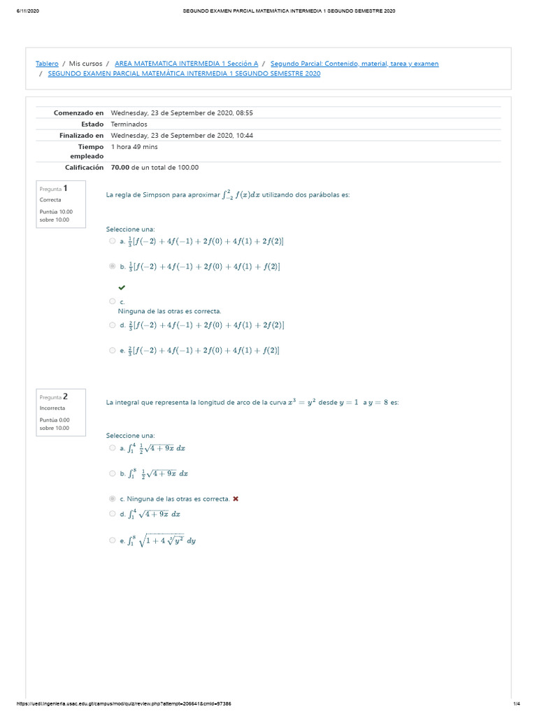Segundo Examen Parcial Matemática Intermedia 1 Segundo Semestre 2020-1 | PDF | Integral | Pi