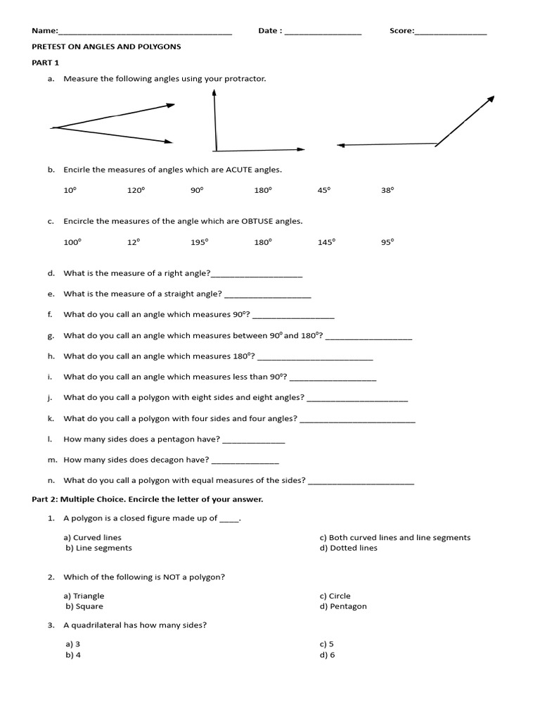 Angles and Polygons Pretest Worksheet | PDF | Geometry | Polytopes