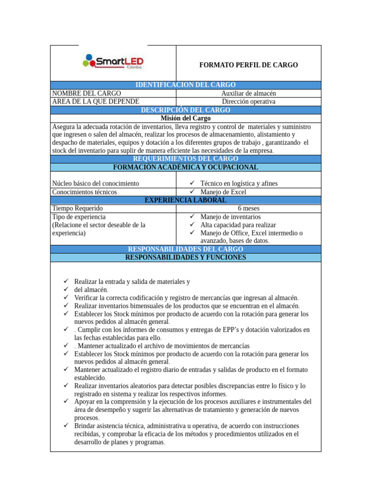 FORMATO PERFIL DE CARGO DE ALMACENISTA | PDF | Logística | Business