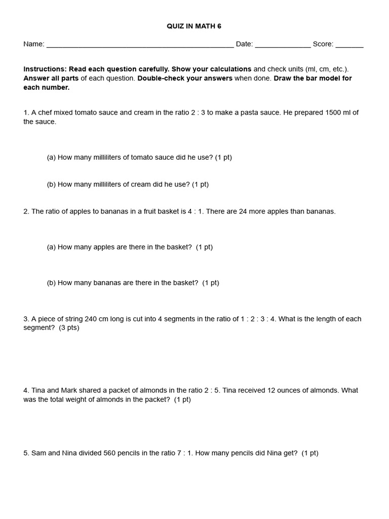 Grade 6 Ratio and Proportion Quiz | PDF