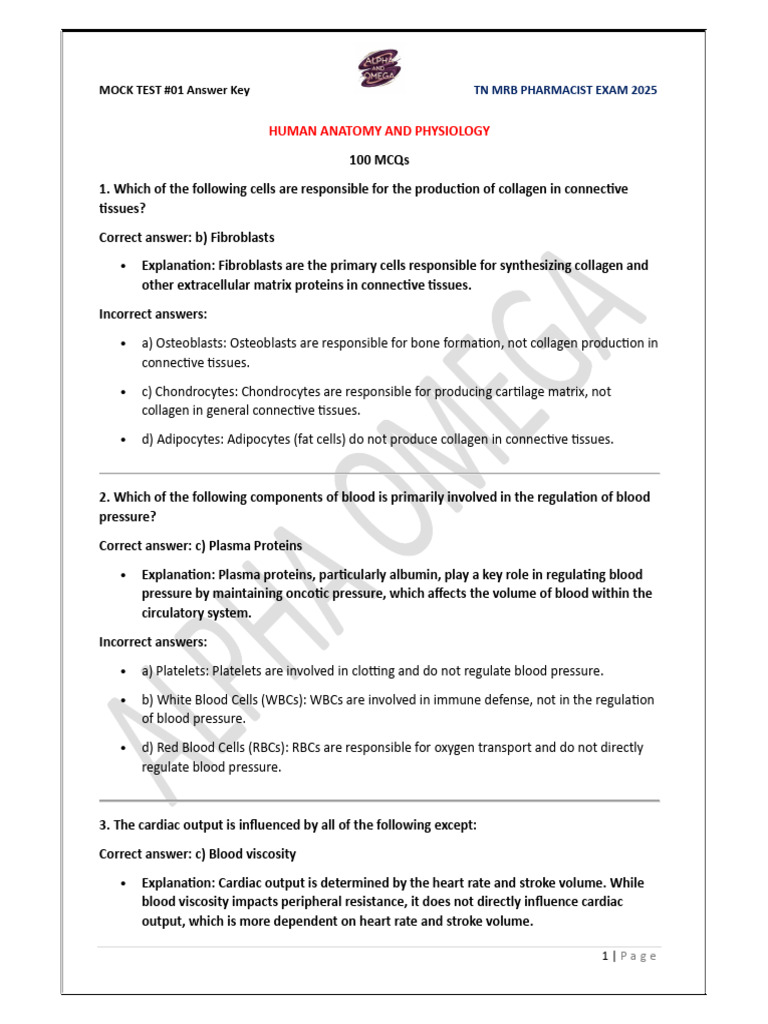 Human Anatomy & Physiology Answer Key For 100 MCQs Mock Test For | PDF ...