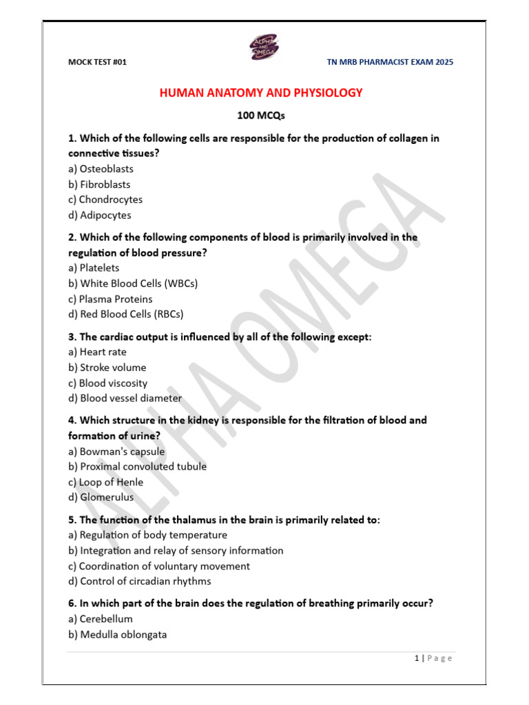 MRB Pharmacist Exam: Anatomy MCQs | PDF | Kidney | Blood