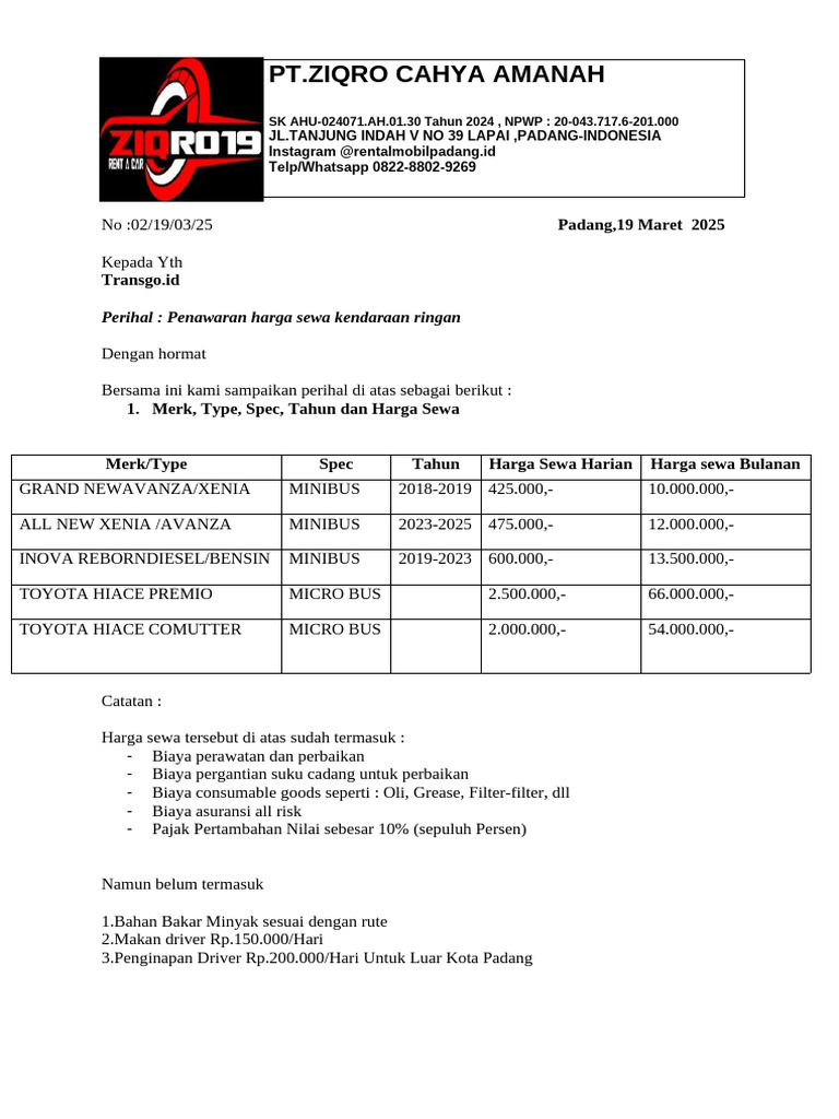 surat penawaran sewa mobil who | PDF
