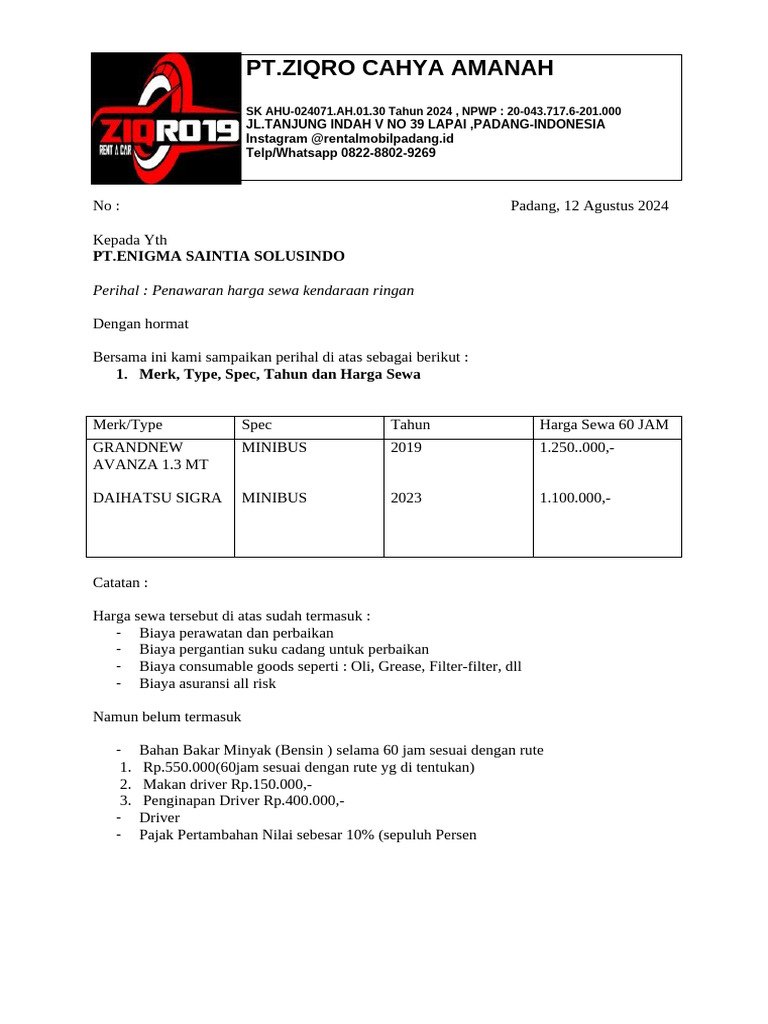 Surat Penawaran Sewa Mobil | PDF
