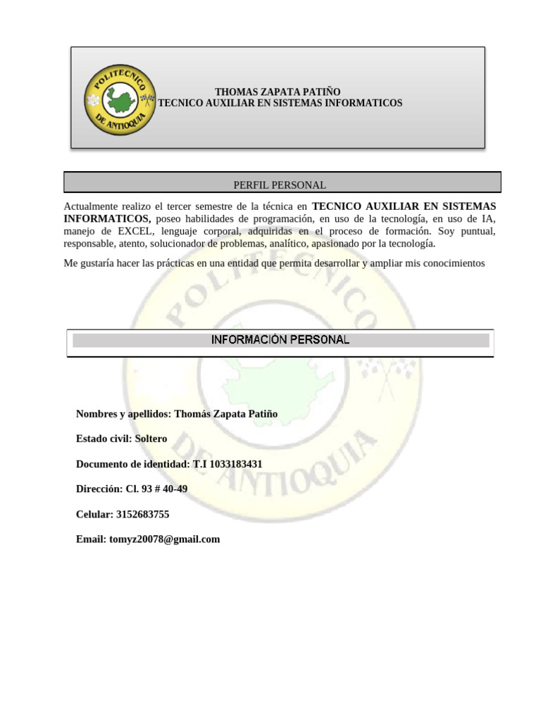 Hoja de Vida Thomas Zapata Patiño | PDF