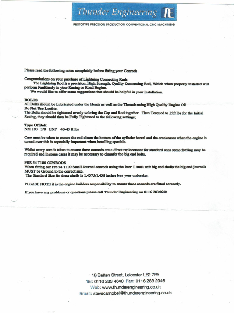 Thunder Engineering Conrods | PDF