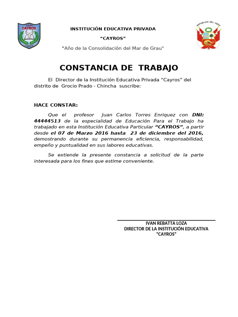 Constancia Laboral del Profesor Torres | PDF
