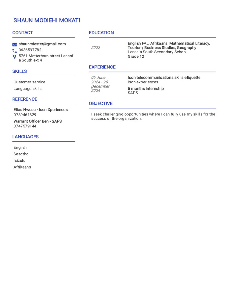 Shaun Mokati - Customer Service Resume | PDF