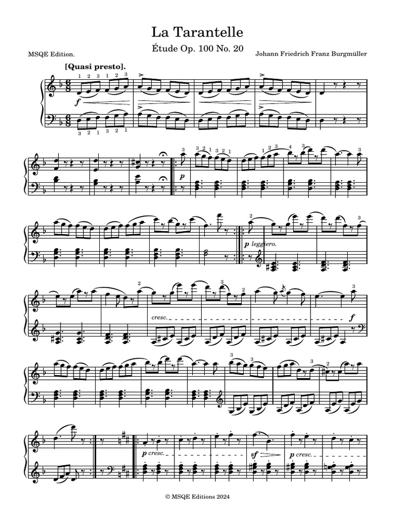 La Tarantelle Tude Op. 100 No. 20 Friedrich Burgmller | PDF