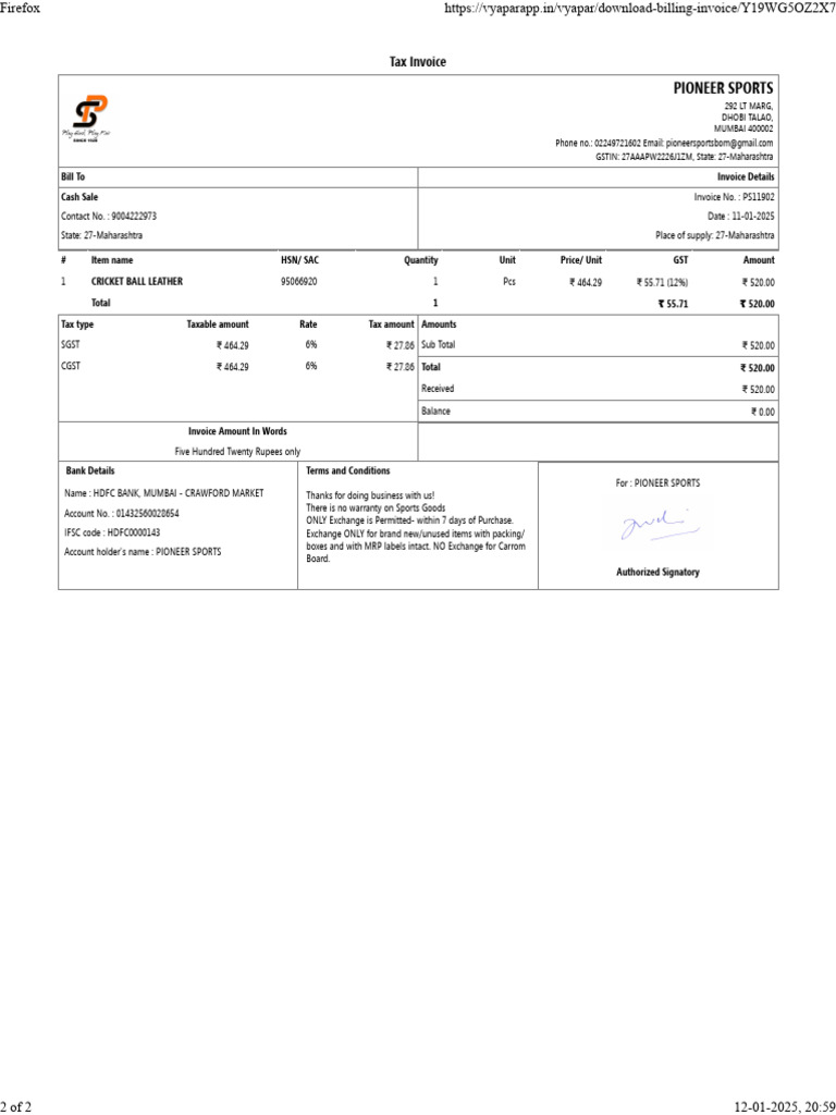Pioneer Sports Invoice PS11902 | PDF | Trade | Government Finances