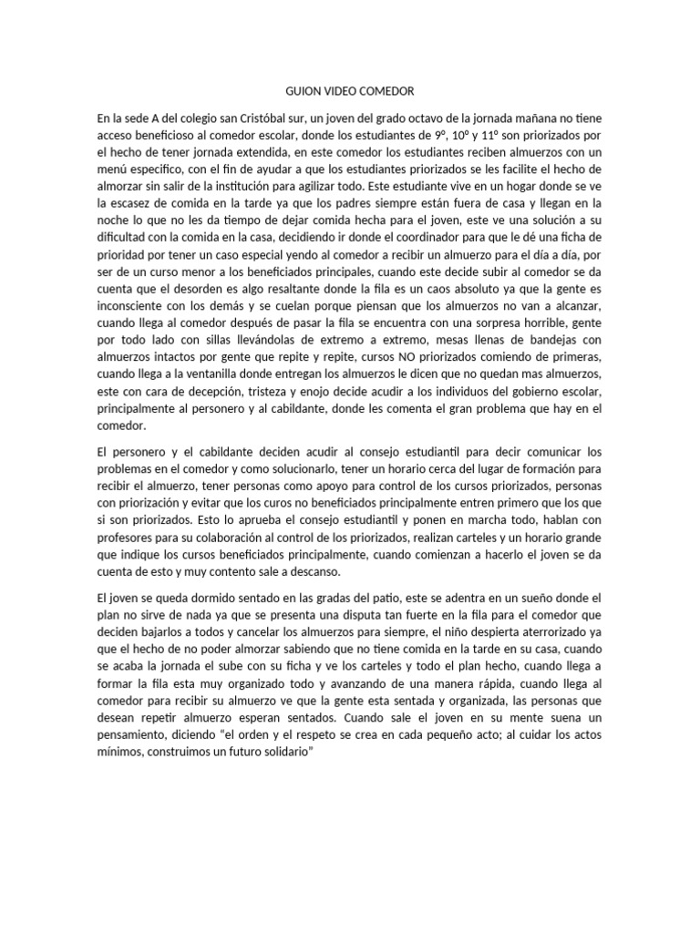 Guion Video Comedor | PDF