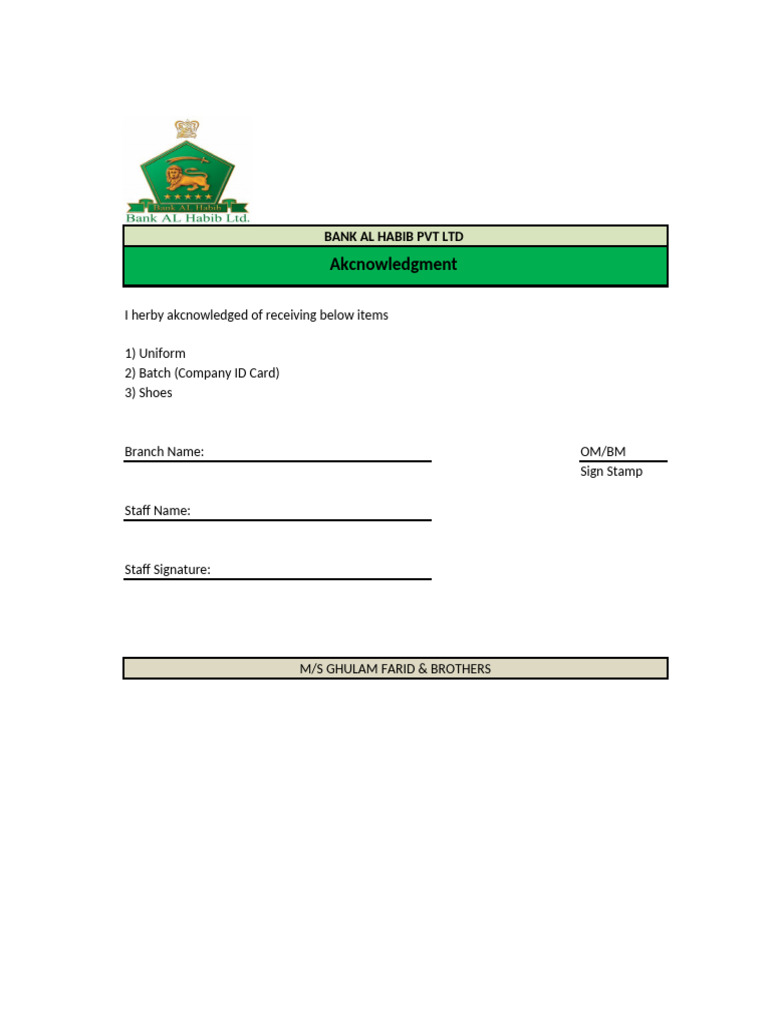 Bank Al Habib Staff Acknowledgment Form | PDF