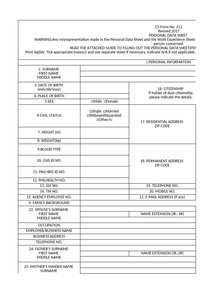 CS Form No. 212 Personal Data Sheet | PDF | Affidavit | Government