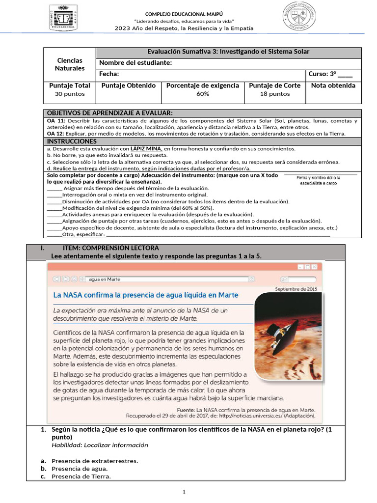 3°básico Ciencias Naturales Evaluación Sumativa-3-Sist-Solar | PDF | Planetas | Tierra