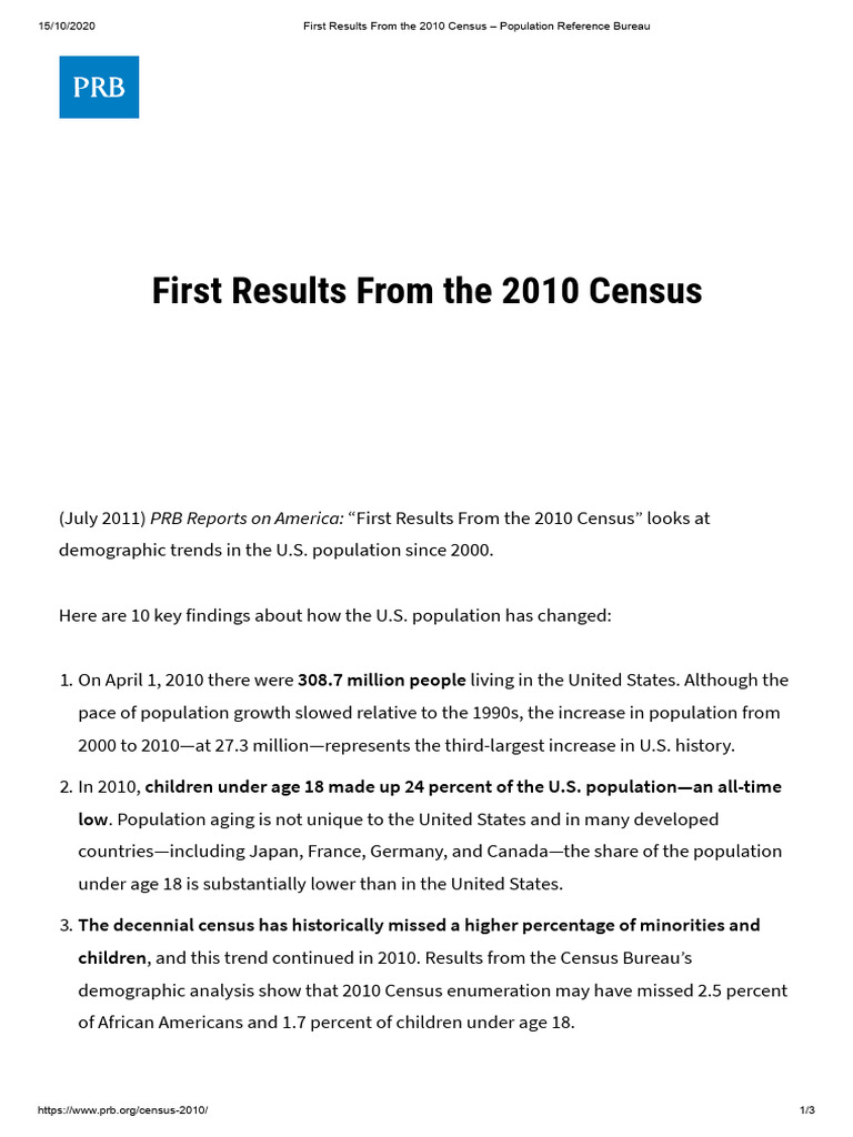 First Results From The 2010 Census - Population Reference Bureau | PDF ...