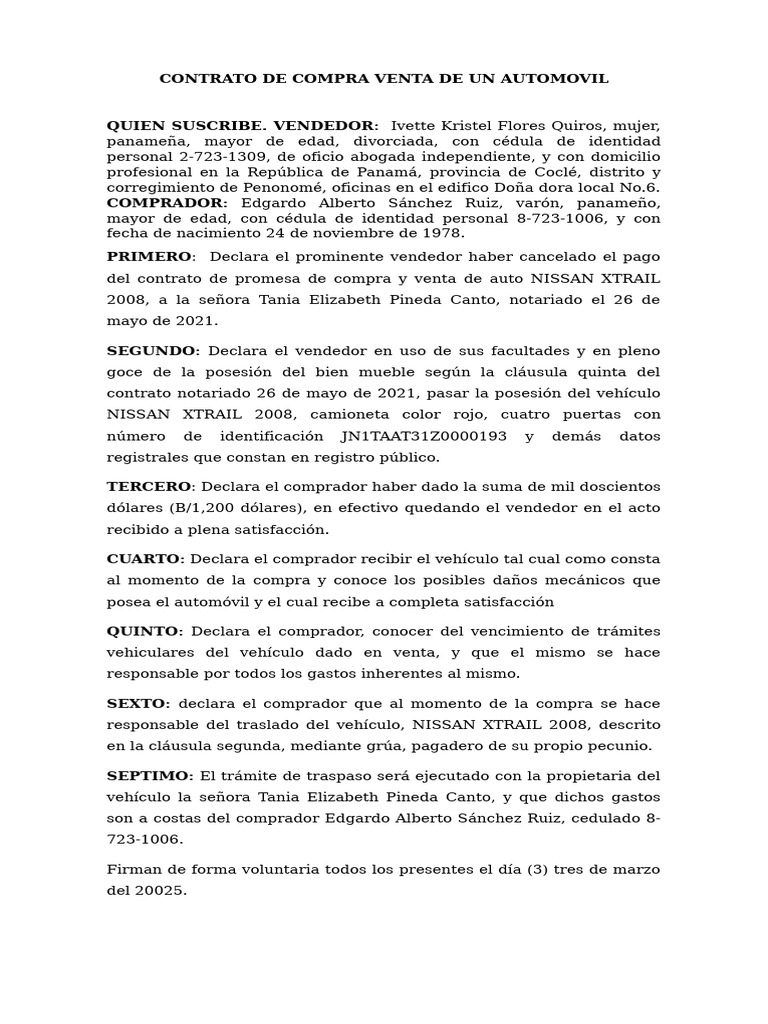 CONTRATO DE Veta Del Auto XTRAIL | PDF