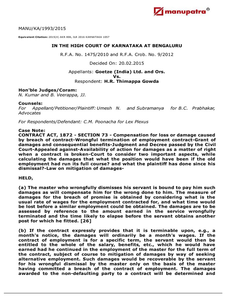 2015 Kar HC - Goetze - India v. HR Thimappa - RFA Division Bench | PDF ...