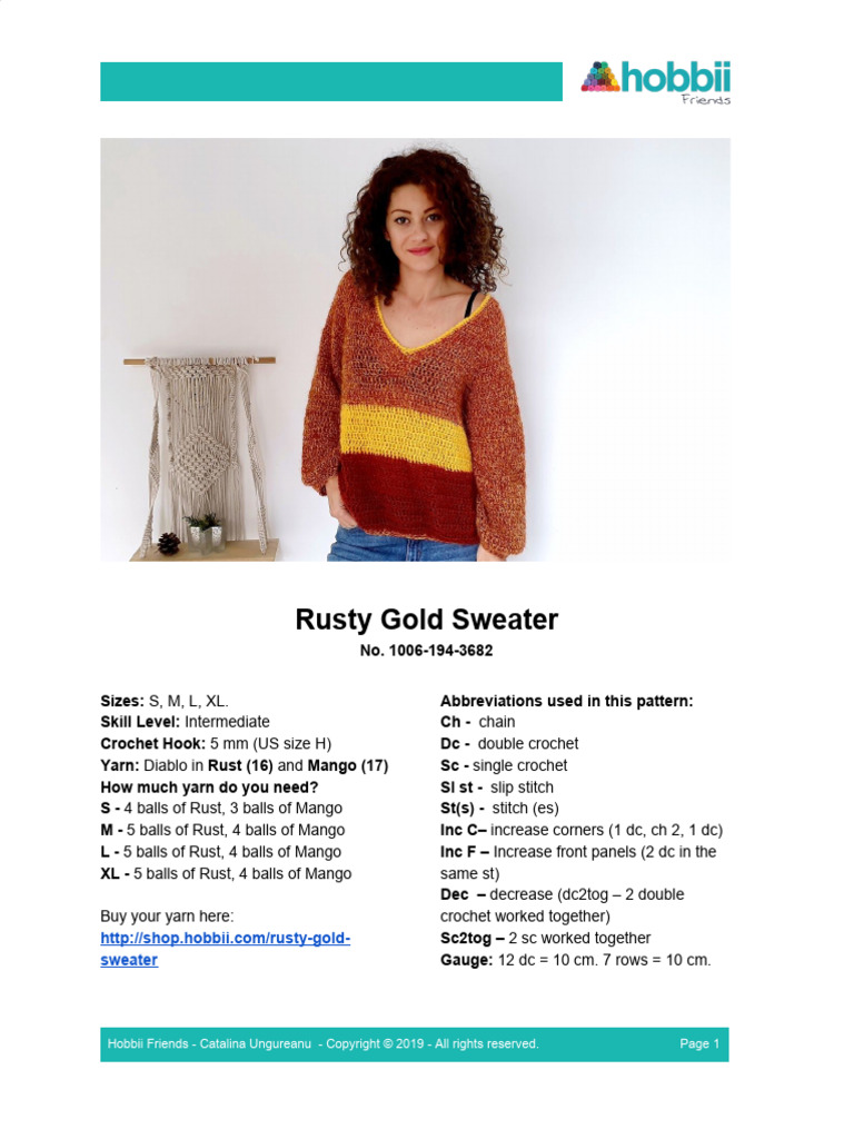 Rusty Gold Sweater Eng | PDF | Crochet | Weaving
