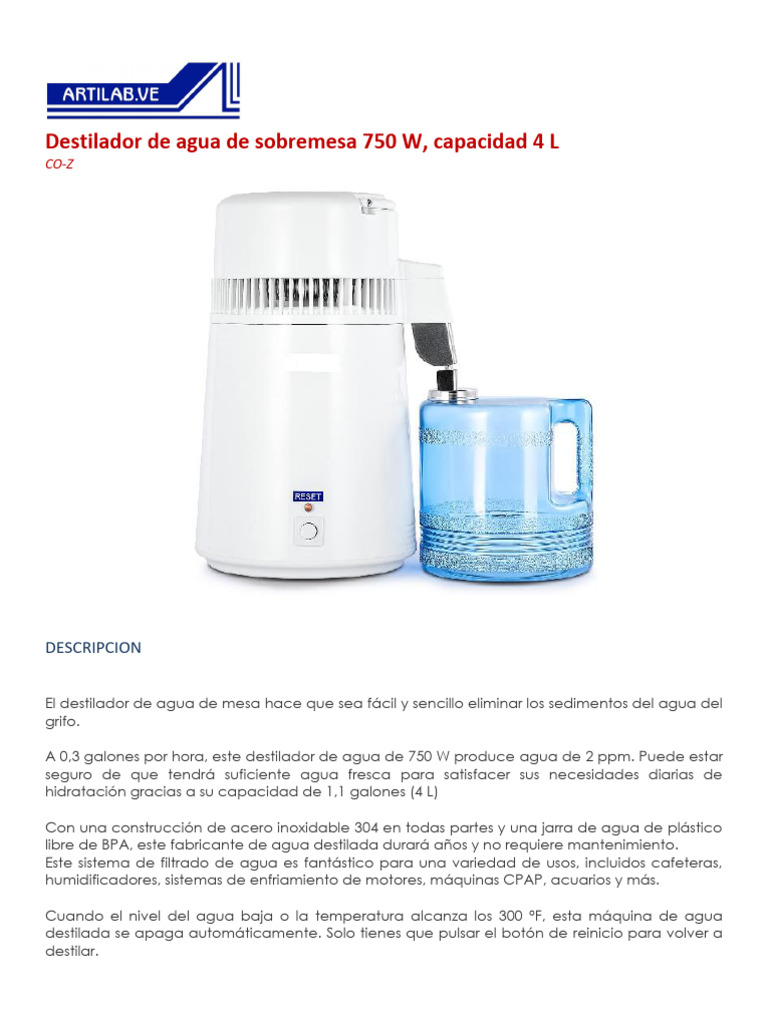 ARTILAB - COZ Destilador de Agua de Sobremesa 750W 4L | PDF