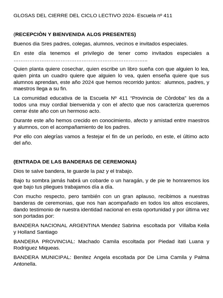 GLOSAS DEL CIERRE DEL CICLO LECTIVO 2024 | PDF