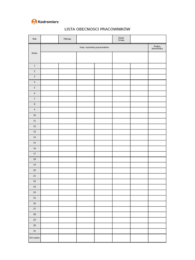 Lista Obecnosci 6 Pracownikow | PDF