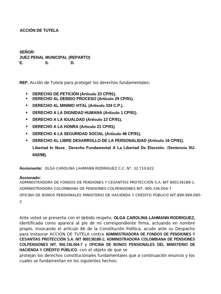 Tutela - Olga Carolina Lahmann Rodriguez | PDF | Pensión | Derecho ...