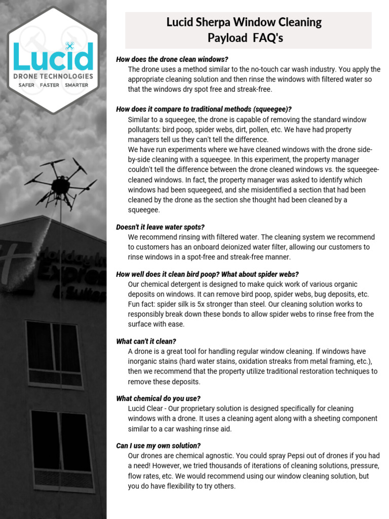 Sherpa Window Cleaning Payload FAQ's & Spec Sheets | PDF | Water | Materials