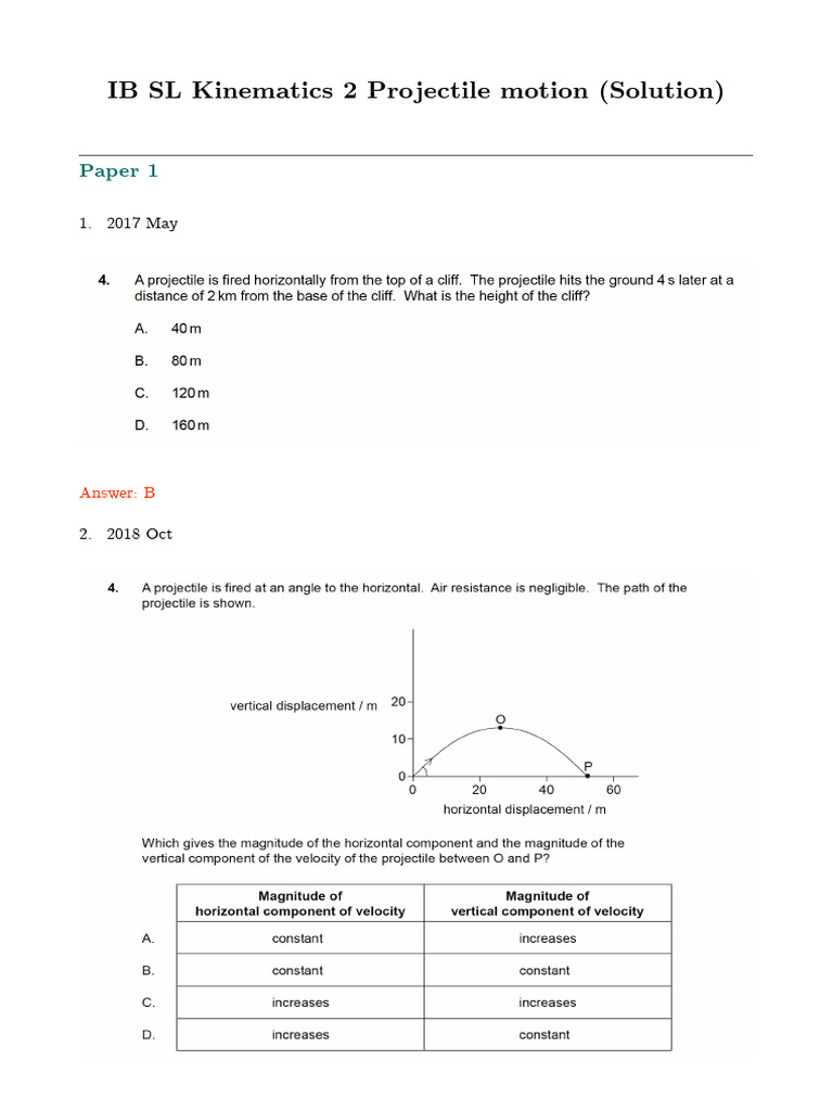 IB SL Kinetmatics2 ProjectileMotion Sol | PDF