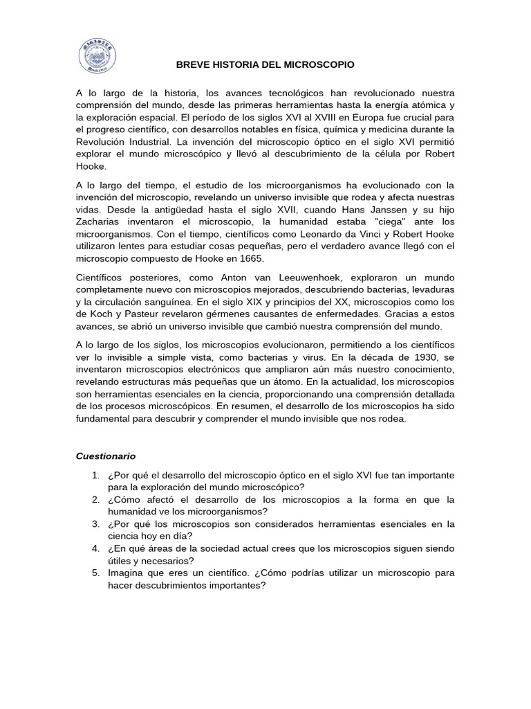Breve historia del microscopio | PDF | Microscopio | Microorganismo