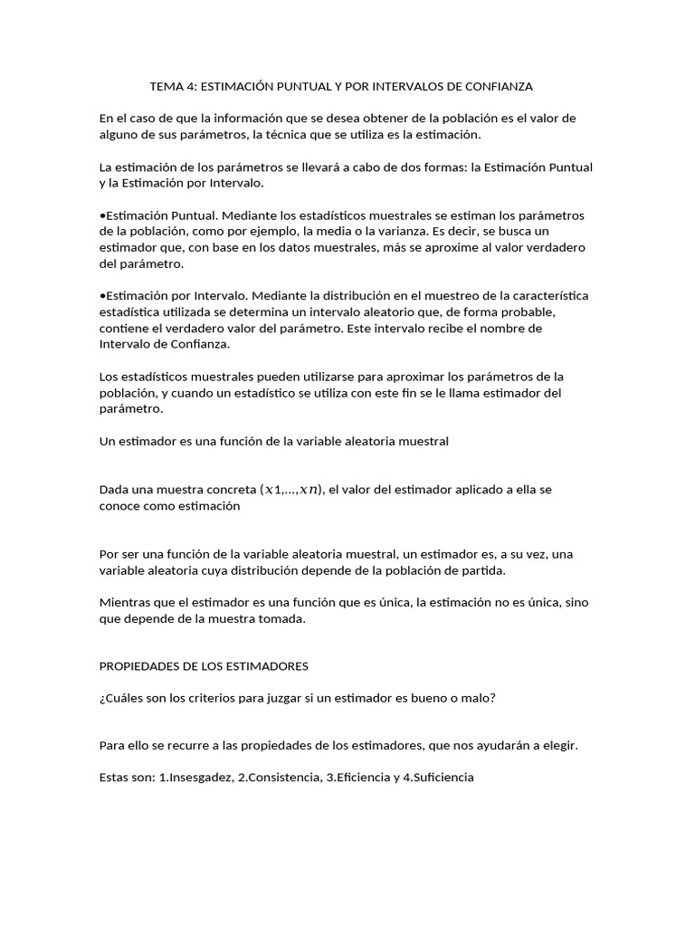 Tema 4-Estimación Puntual y Por Intervalos de Confianza | PDF | Estimador | Teoría de la estimación