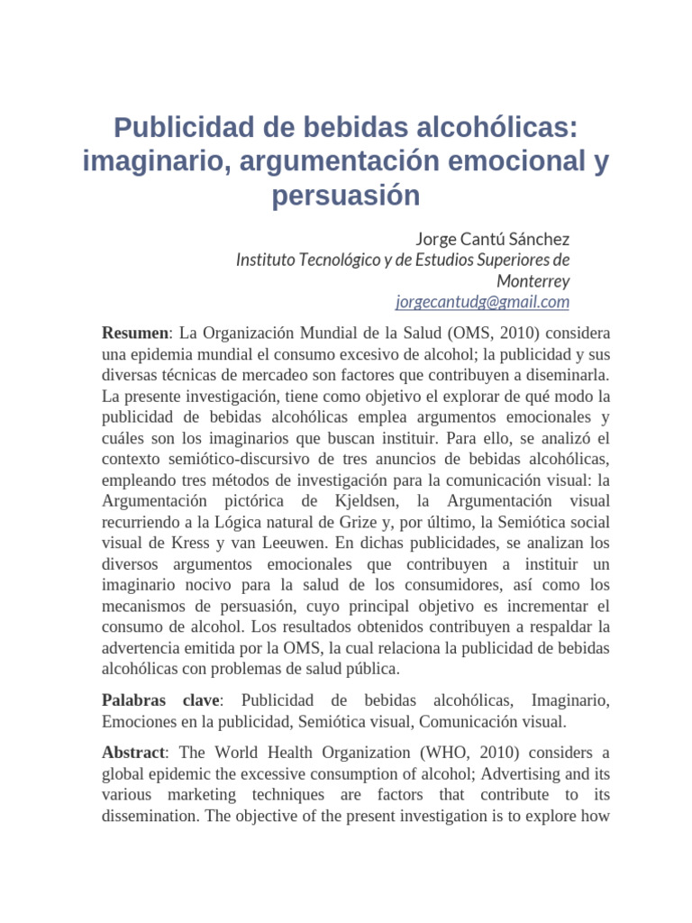 Publicidad de Bebidas Alcoh Licas Imaginario Argumentaci N Emocional y Persuasi N | PDF | Las ...