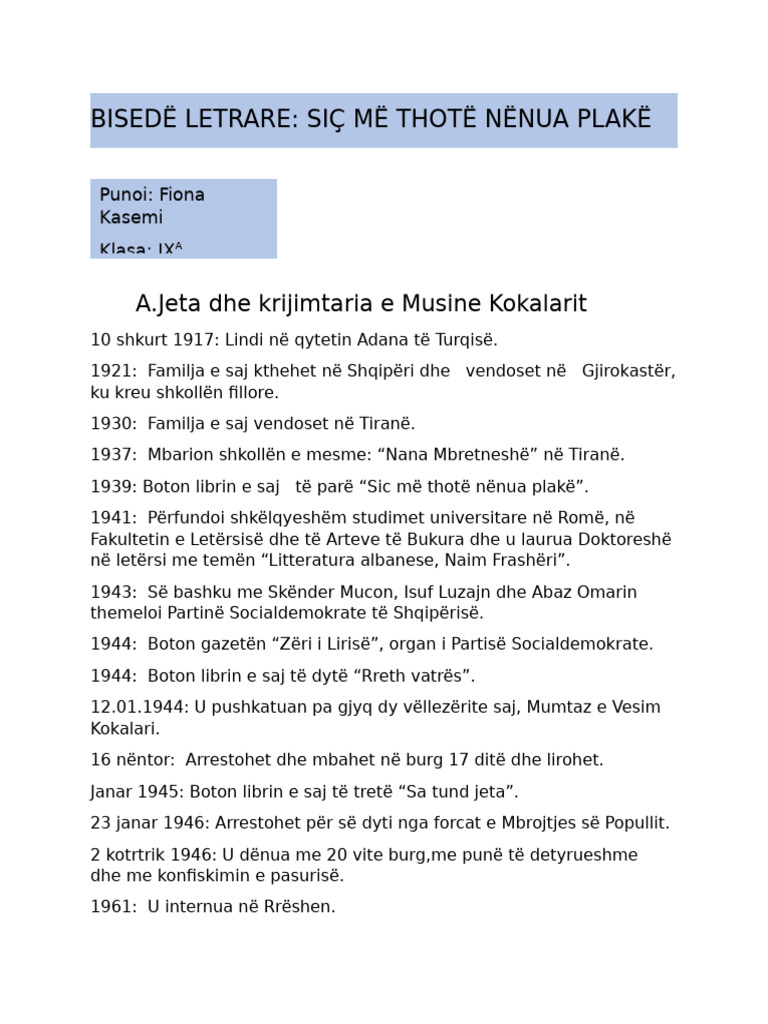 Bsisede Letrare Musine Kokalari | PDF