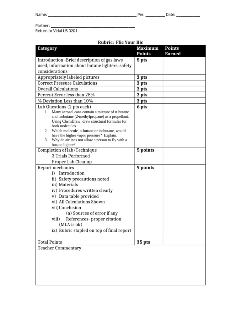 Butane Lighter Lab Report Rubric | PDF