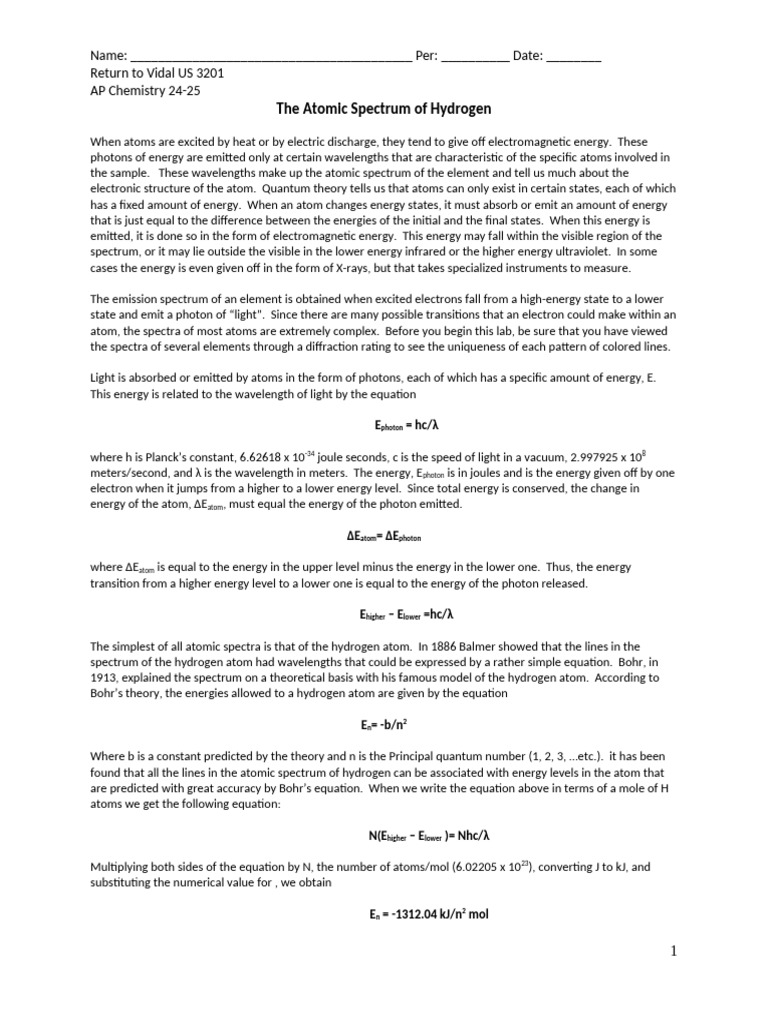 Lab Atomic Spectrum Hydrogen Pdf Emission Spectrum Electromagnetic Spectrum