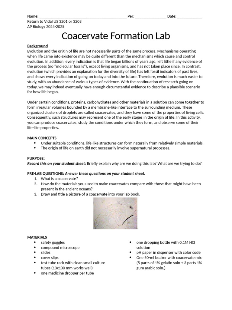 Coacervate Formation Lab Guide | PDF | Abiogenesis | Evolution