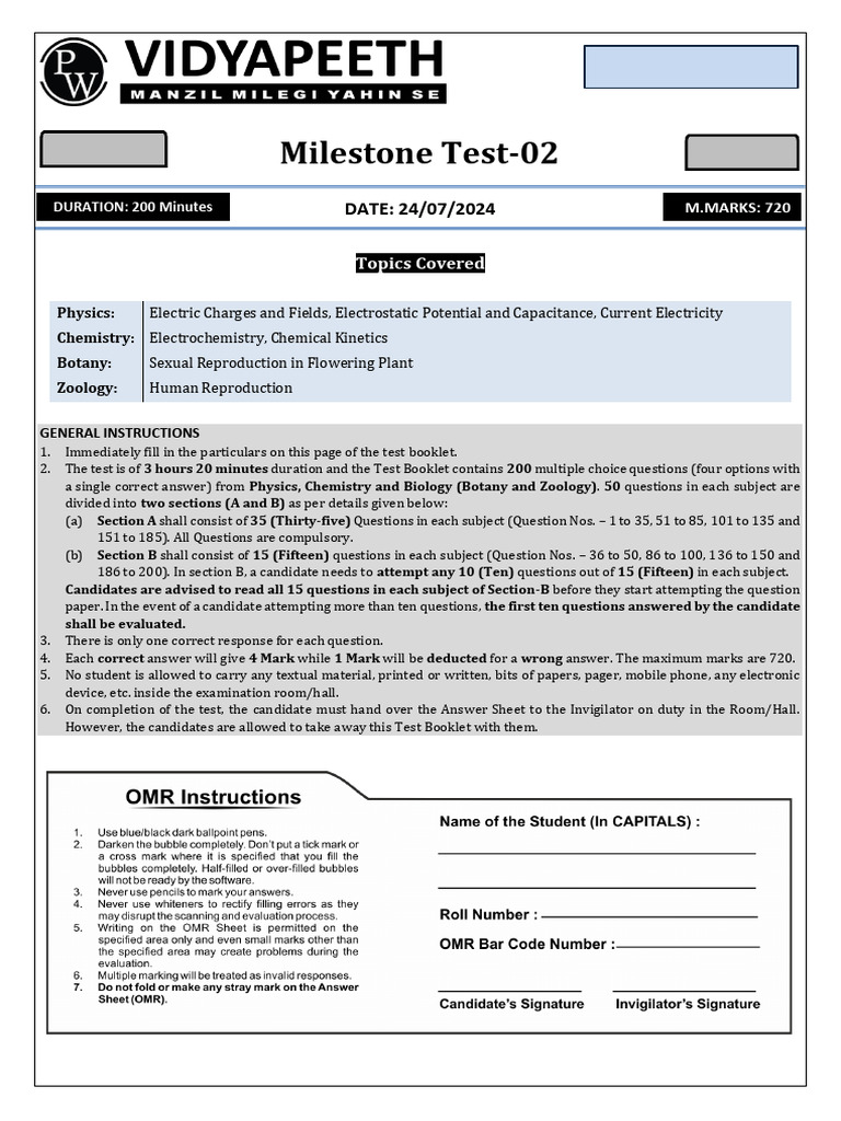 Milestone Test - 02 - Test Paper & Answer Key | PDF | Electric Field ...