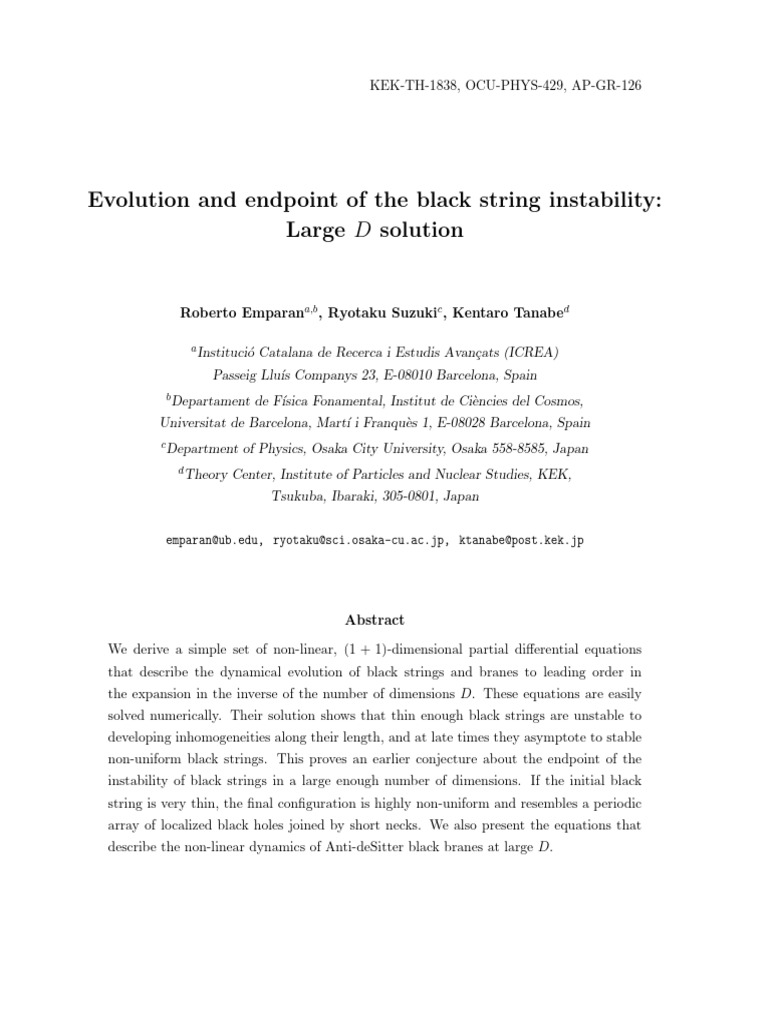 Evolution and Endpoint of The Black String Instability Large D Solution | PDF | Momentum | Physics