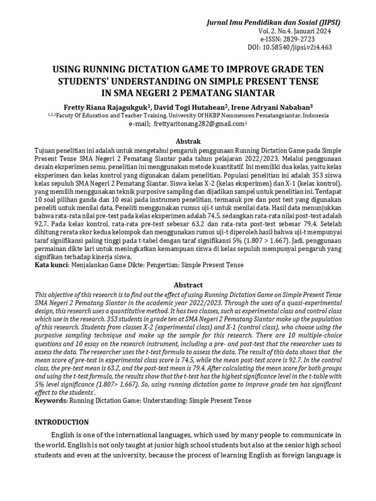 USING RUNNING DICTATION GAME TO IMPROVE GRADE TEN STUDENTS UNDERSTANDING ON SIMPLE PRESENT TENSE ...