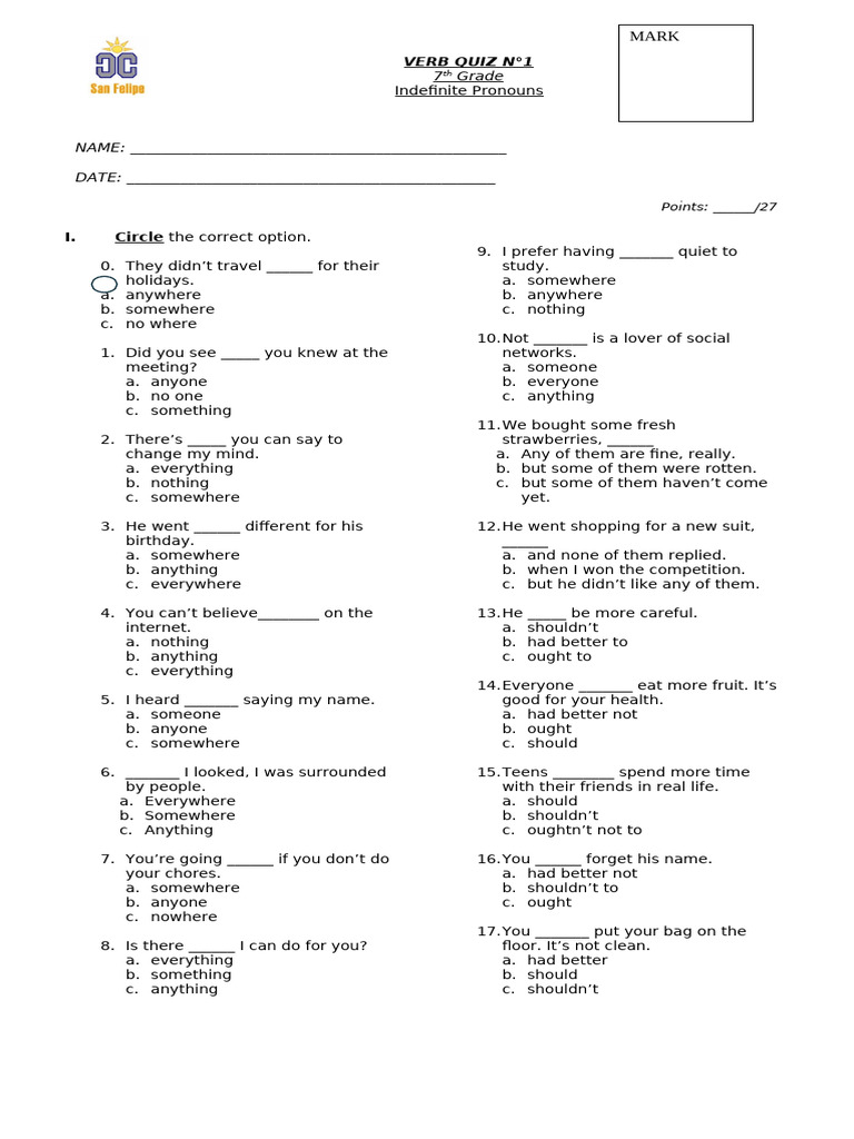 7th Grade Verb Quiz Indefinite Pronouns | PDF