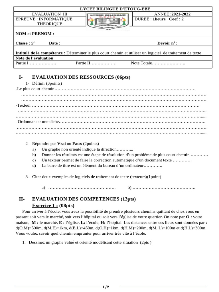 Évaluation sur le plus court chemin et traitement de texte | PDF ...